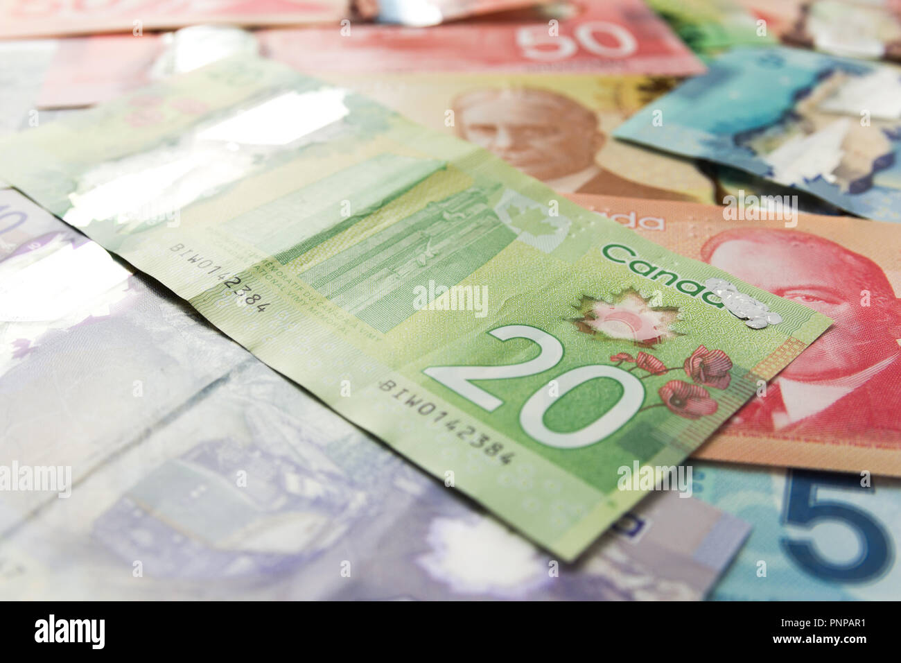 Canadian currency. Dollars. Money from Canada. Full frame of bills ...