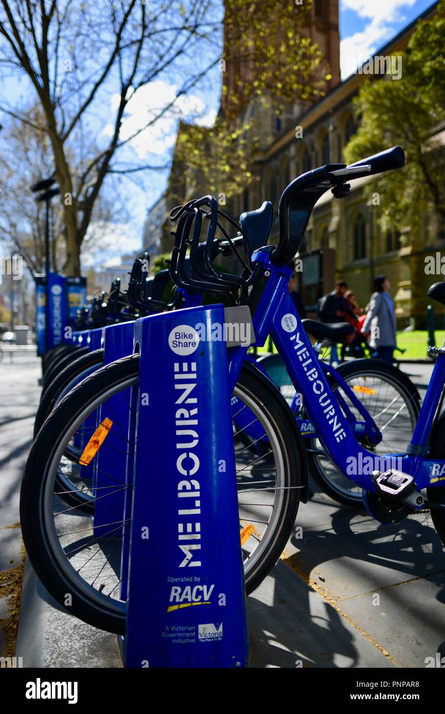 Blue hire bicycles, Melbourne VIC, Australia Stock Photo - Alamy
