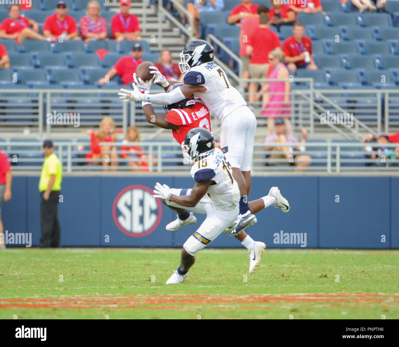 September 22, 2018: Ole' Miss WR, Elijah Moore (8), goes up for the ...