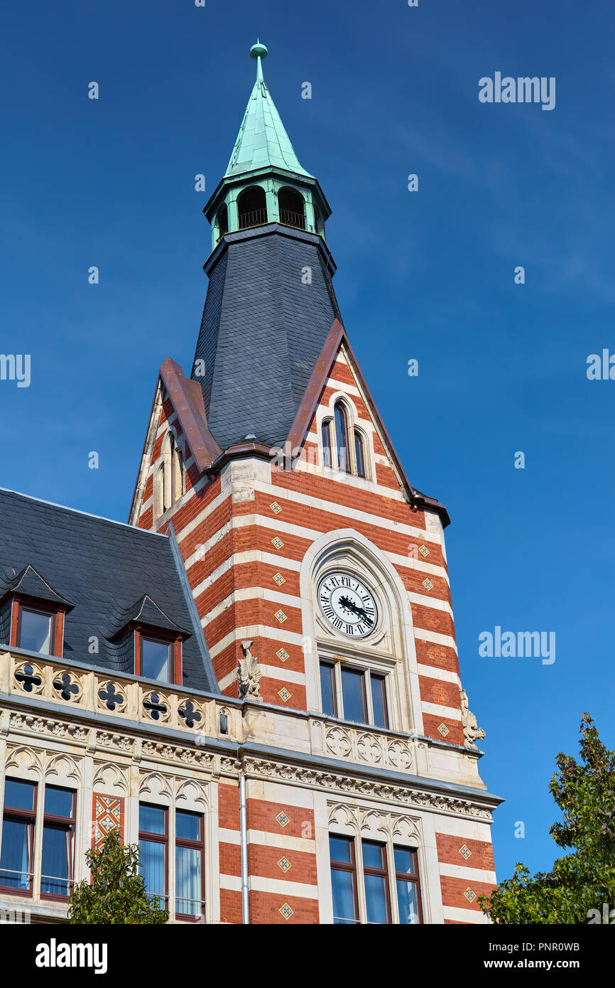 Corner tower of the Main Post Office on Anger square in Erfurt with a ...