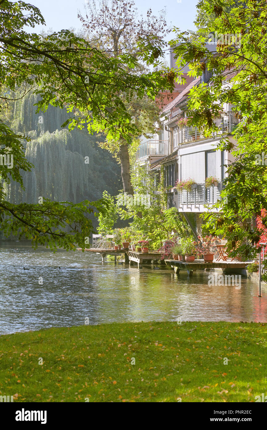 Historic houses by river Gera in inner Erfurt, Thuringia, Germany in ...