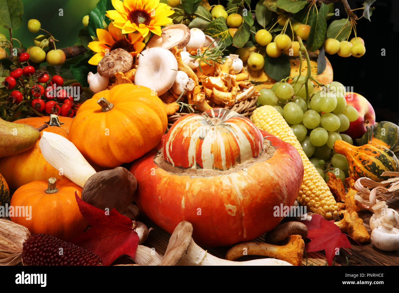 Autumn nature concept. Fall fruit and vegetables on wood. Thanksgiving ...
