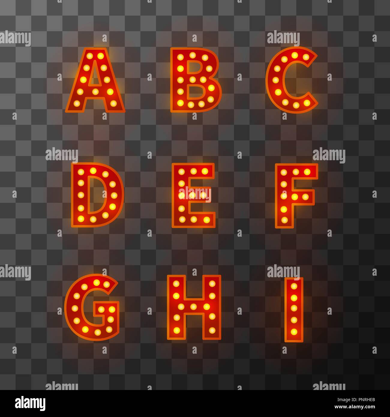Lighting bulb font, bright alphabet in cabaret style, A-I letters on ...