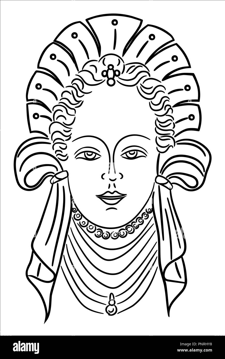 Portrait of a girl in vintage clothing, Linear drawing,, Old times. An ...