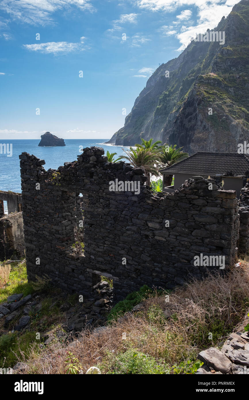 Ruins of old building near the beach, Faial, Madeira Island Stock Photo ...