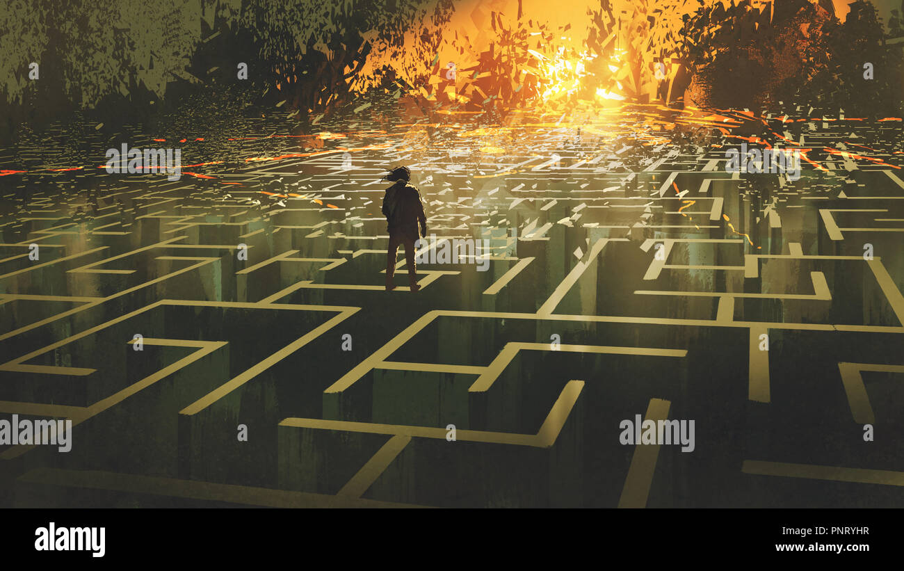 destroyed maze concept showing the man standing in a burnt labyrinth ...