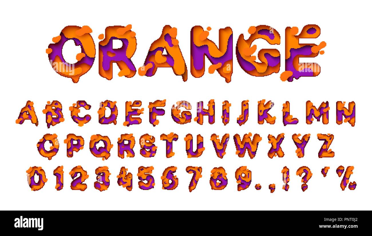 Alphabet colors orange and lilac. Paper cut letter. Fluid typeface ...
