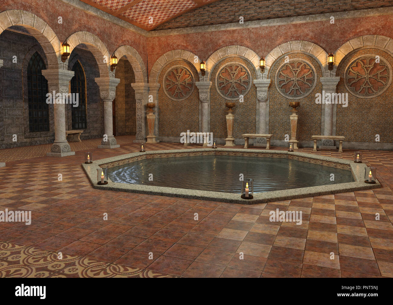 3D rendering of a fairy tale castle with a pool Stock Photo - Alamy