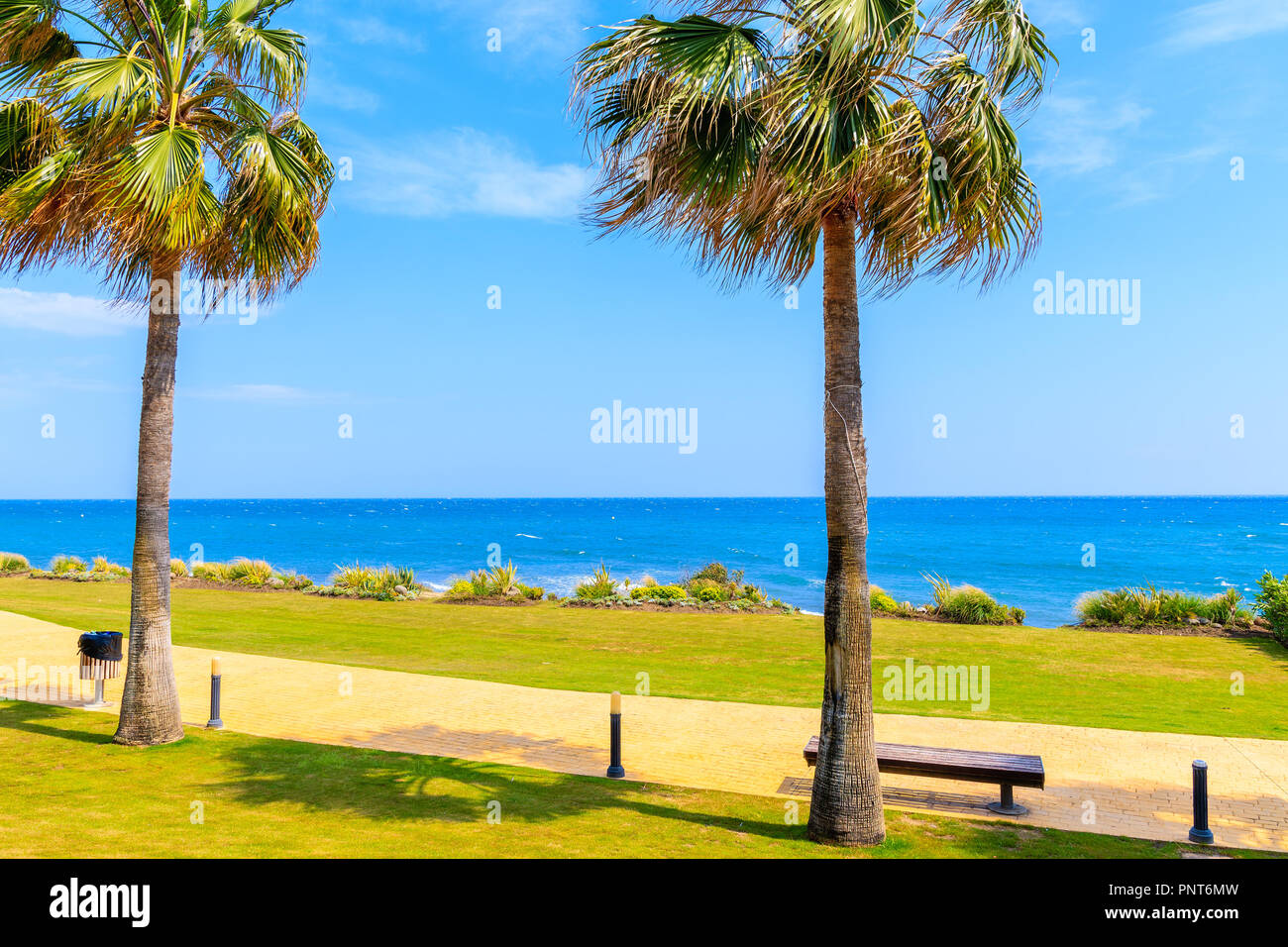 Coastal path with palm trees along beach near Estepona town on Costa ...