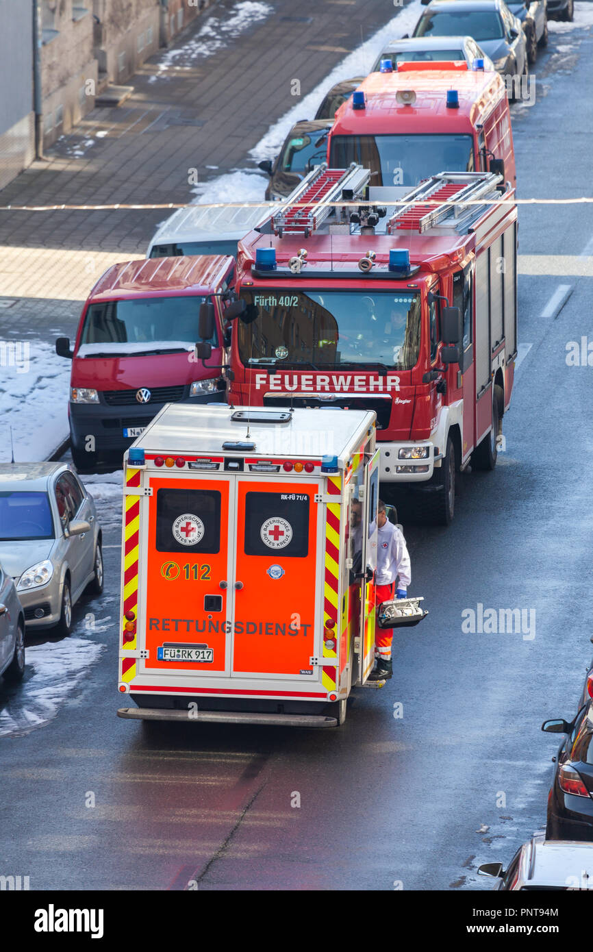 FUERTH / GERMANY - MARCH 4, 2018: German emergency service vehicles ...