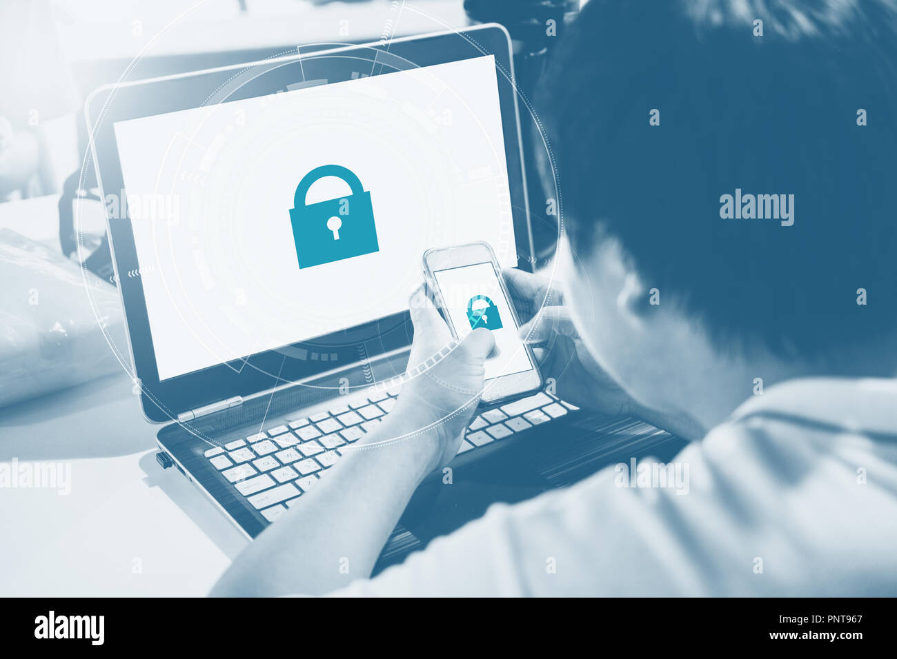 Network and internet devices security system. a man using mobile phone ...