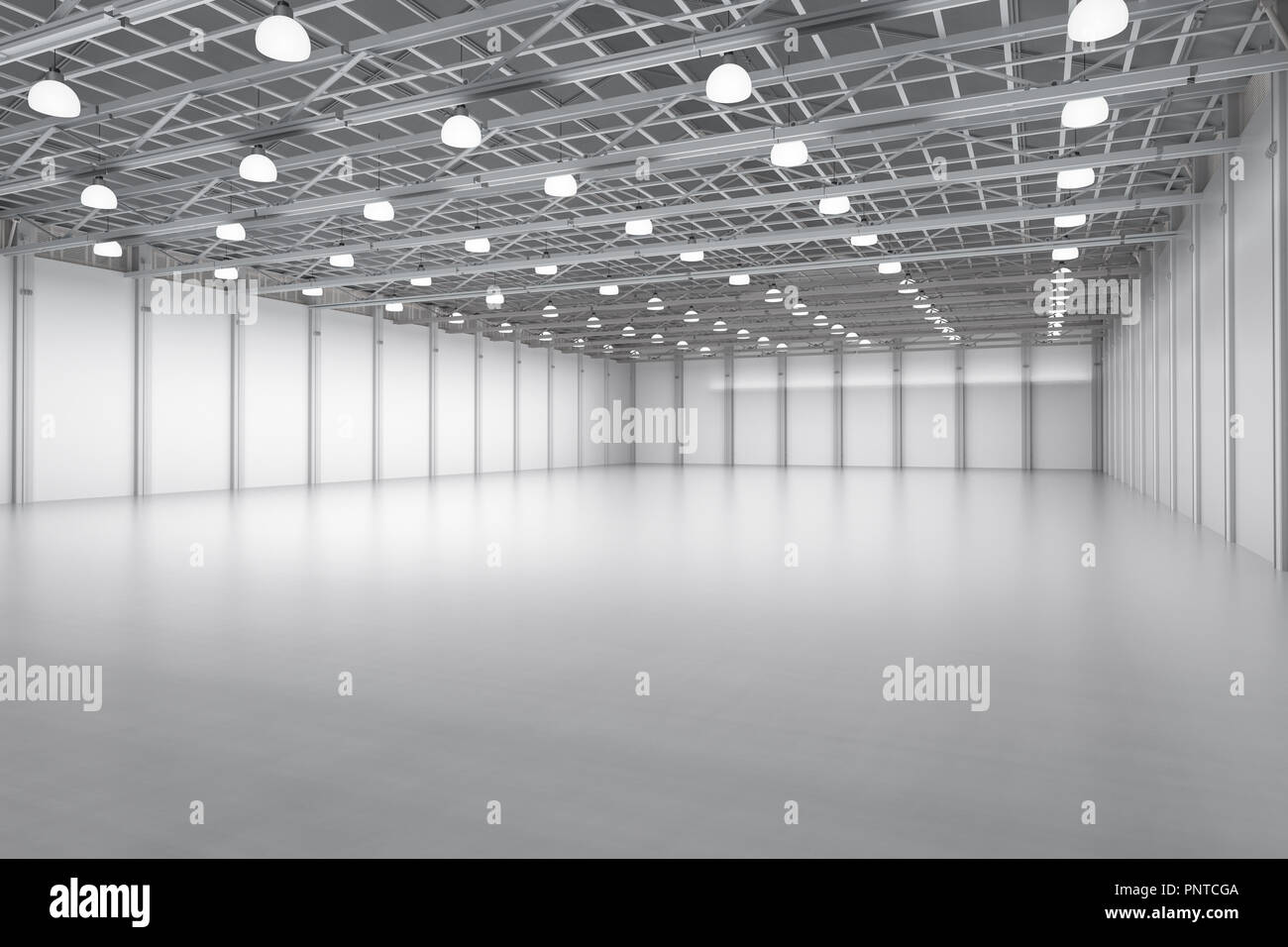 3d rendering interior empty factory with pendant lamps Stock Photo - Alamy