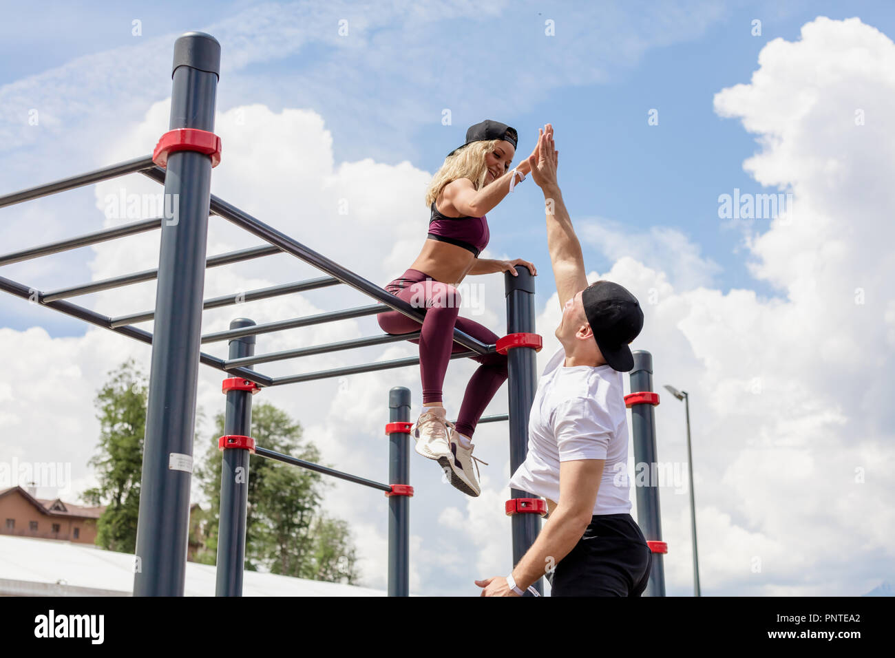 fitness, sport, friendship and lifestyle concept -smiling couple Stock ...