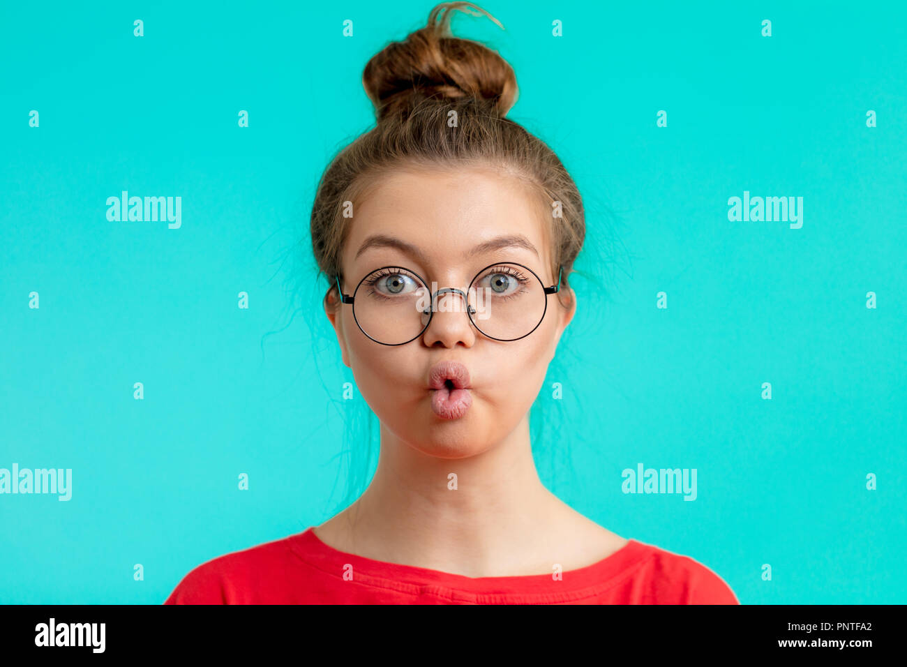 close up portrait of a crazy woman with funny fully lips having fun ...
