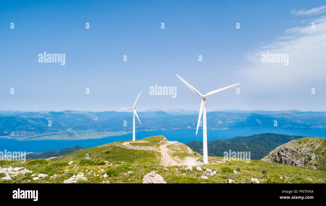 Wind generators on the peak of a mountain Stock Photo - Alamy