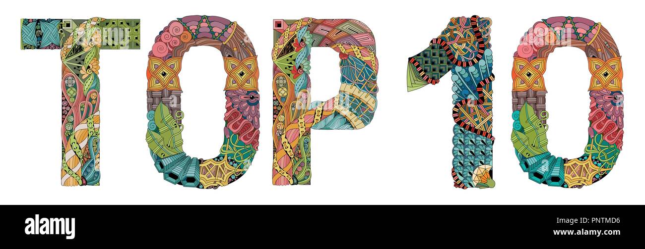 Hand-painted art design. Hand drawn illustration word TOP 10 for t ...