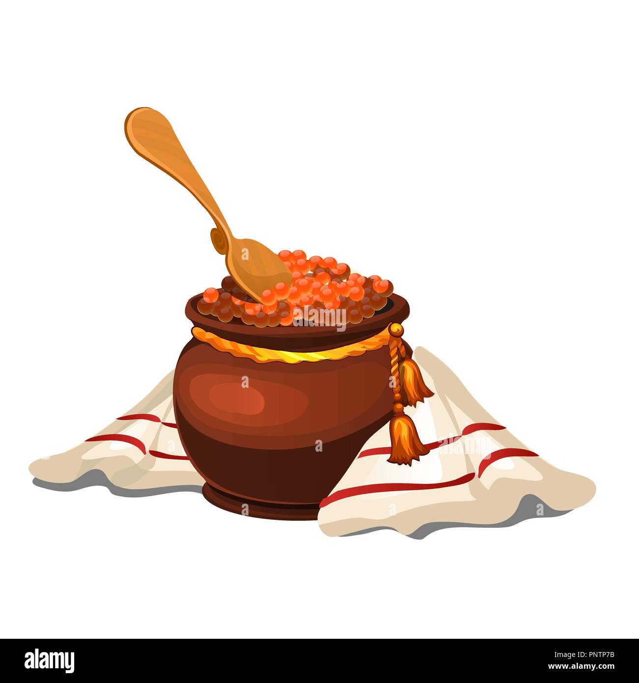 Clay pot with red caviar isolated on white background. Vector cartoon ...