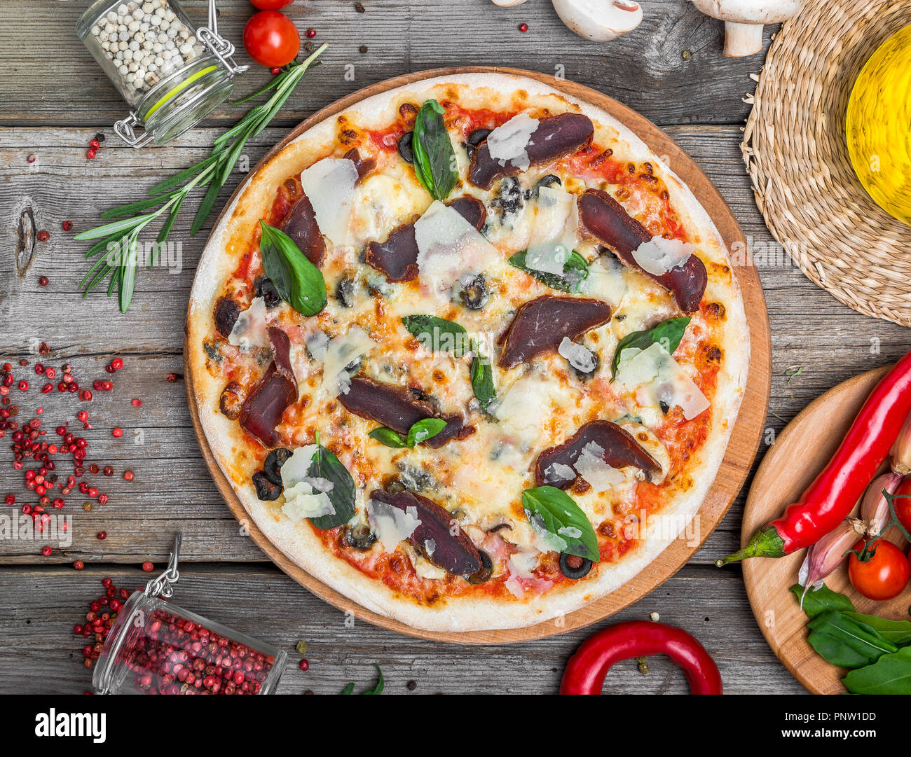 Pizza with tomatoes, mozzarella cheese. Delicious italian pizza Stock ...