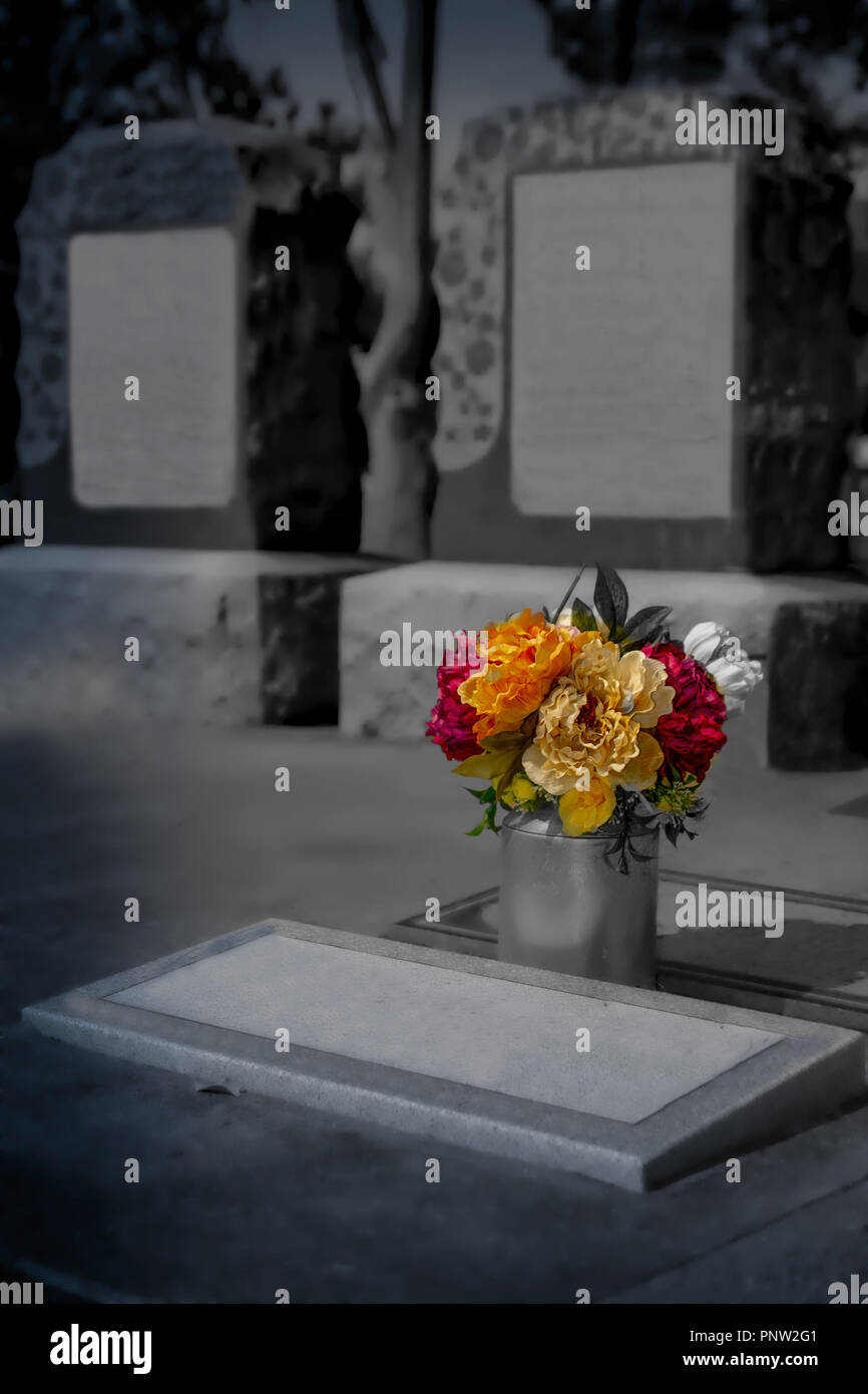 Black and white rendering of tombstones in cemetery with selective ...