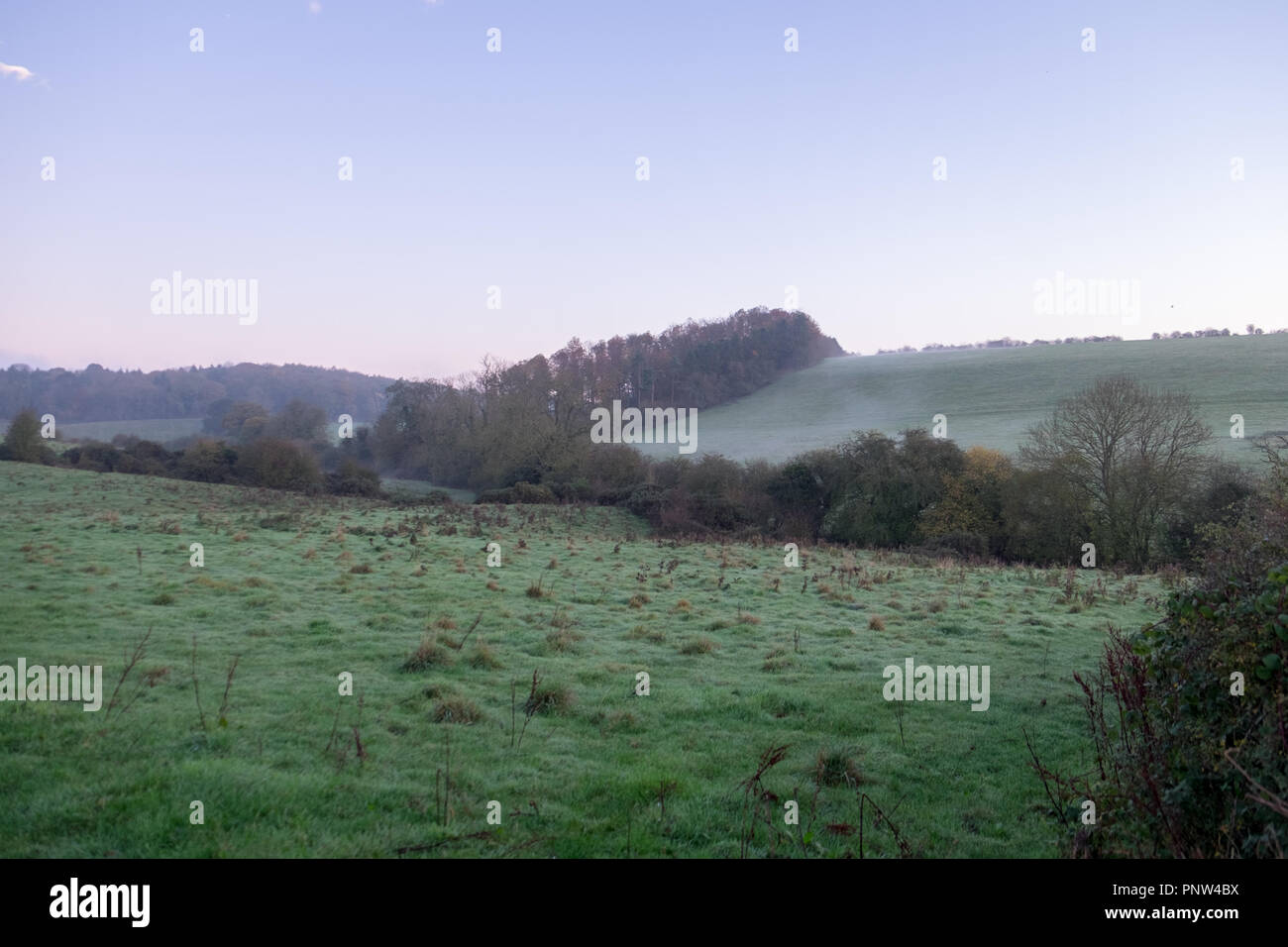Misty autumn morning in English countryside with fields and trees Stock ...