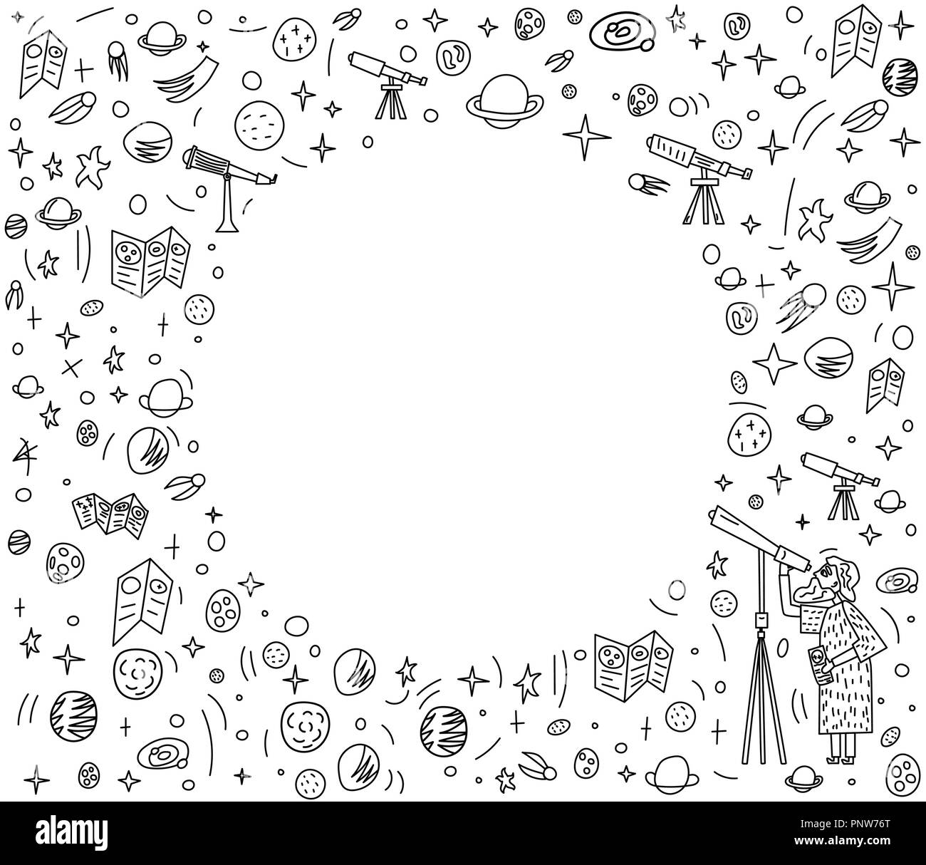 Vector round frame design of astronomer and astronomic objects Stock ...