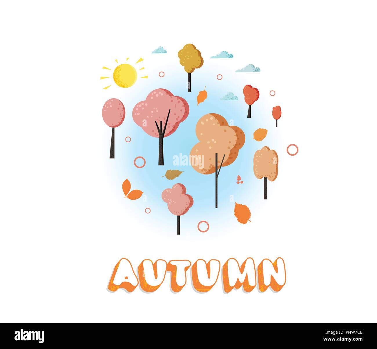Autumn template. Handwritten lettering with round trees composition ...