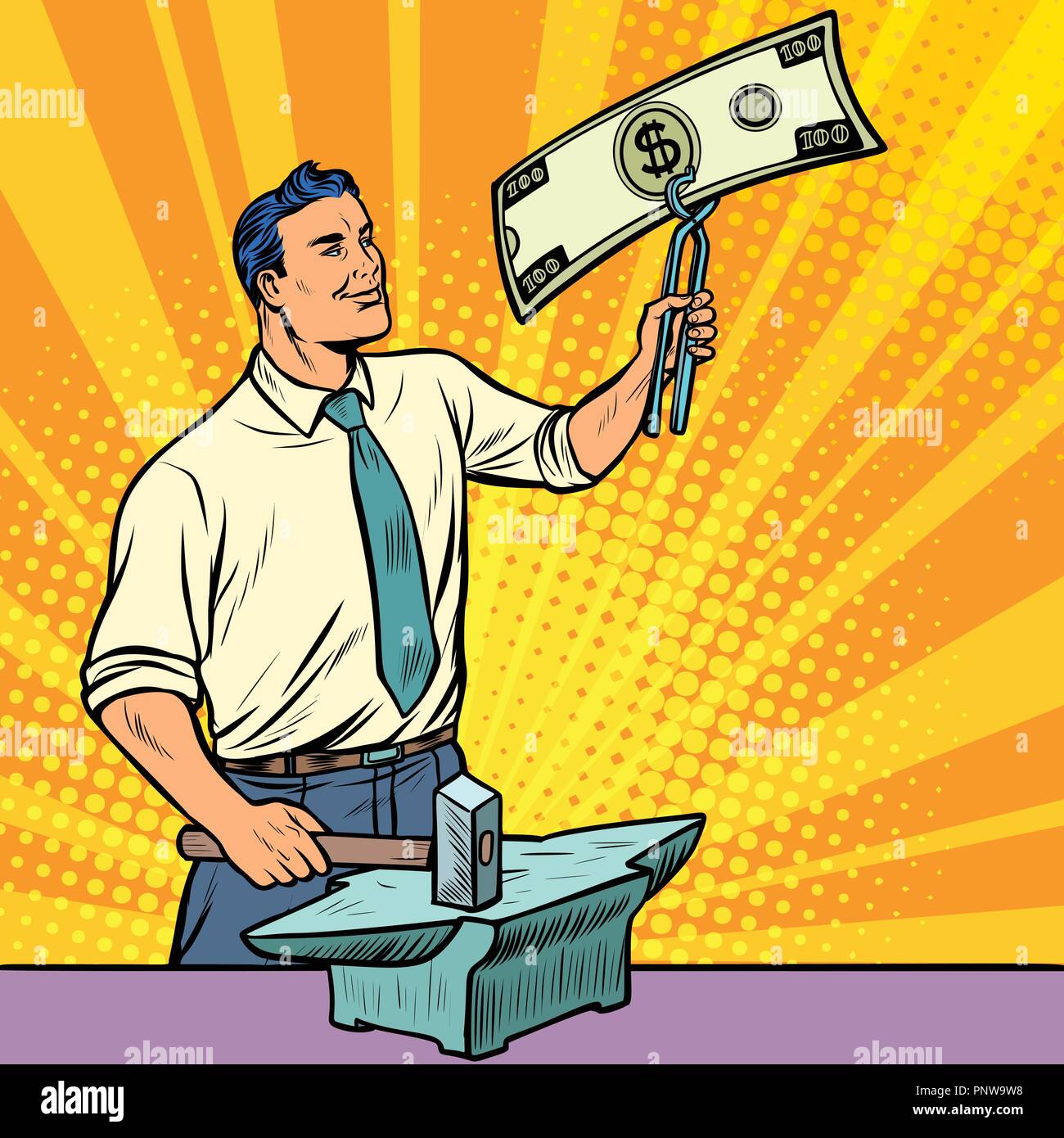 Businessman blacksmith forges dollars money on the anvil. Pop art retro ...