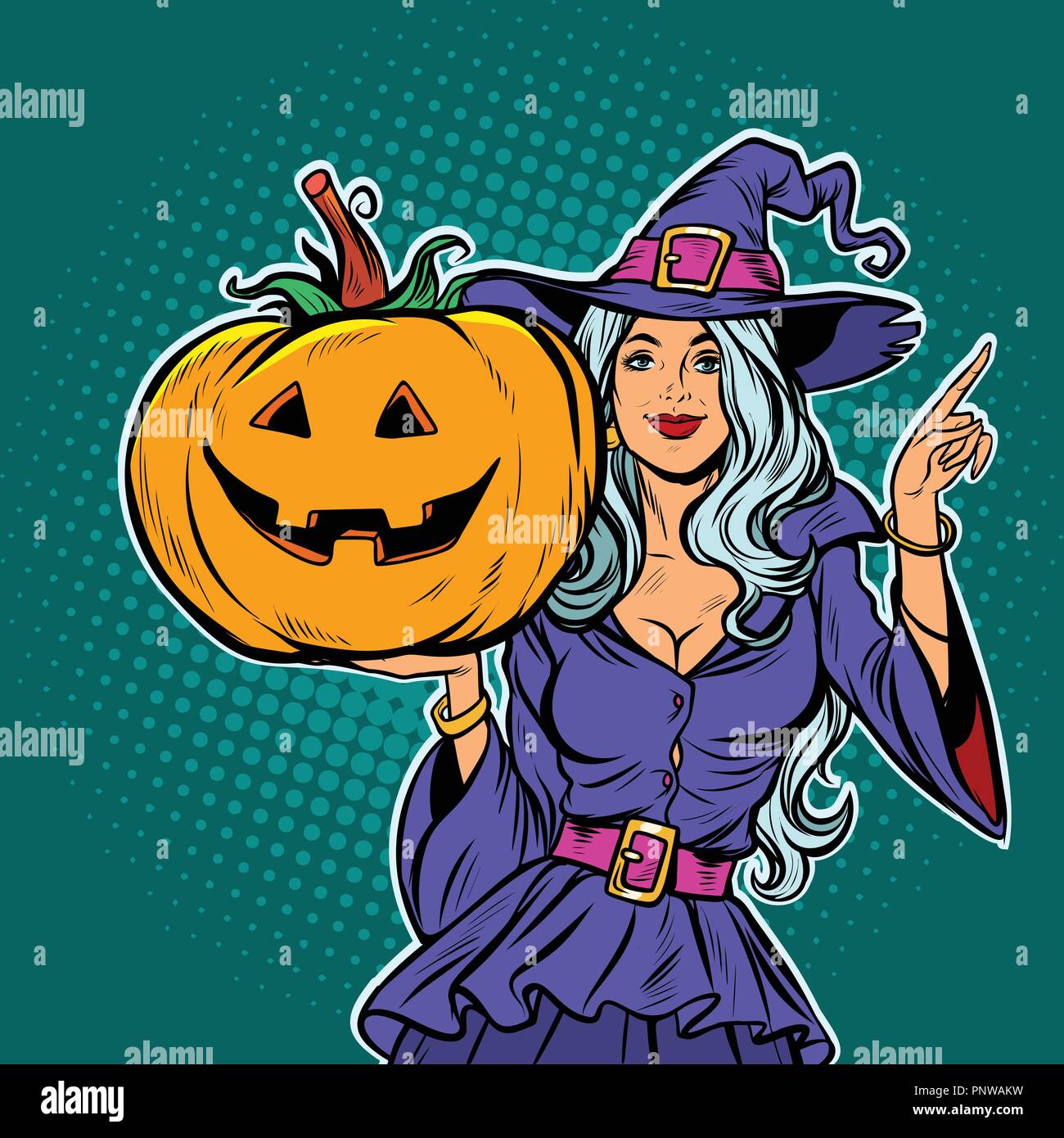 witch with Halloween pumpkin. Pop art retro vector illustration vintage ...
