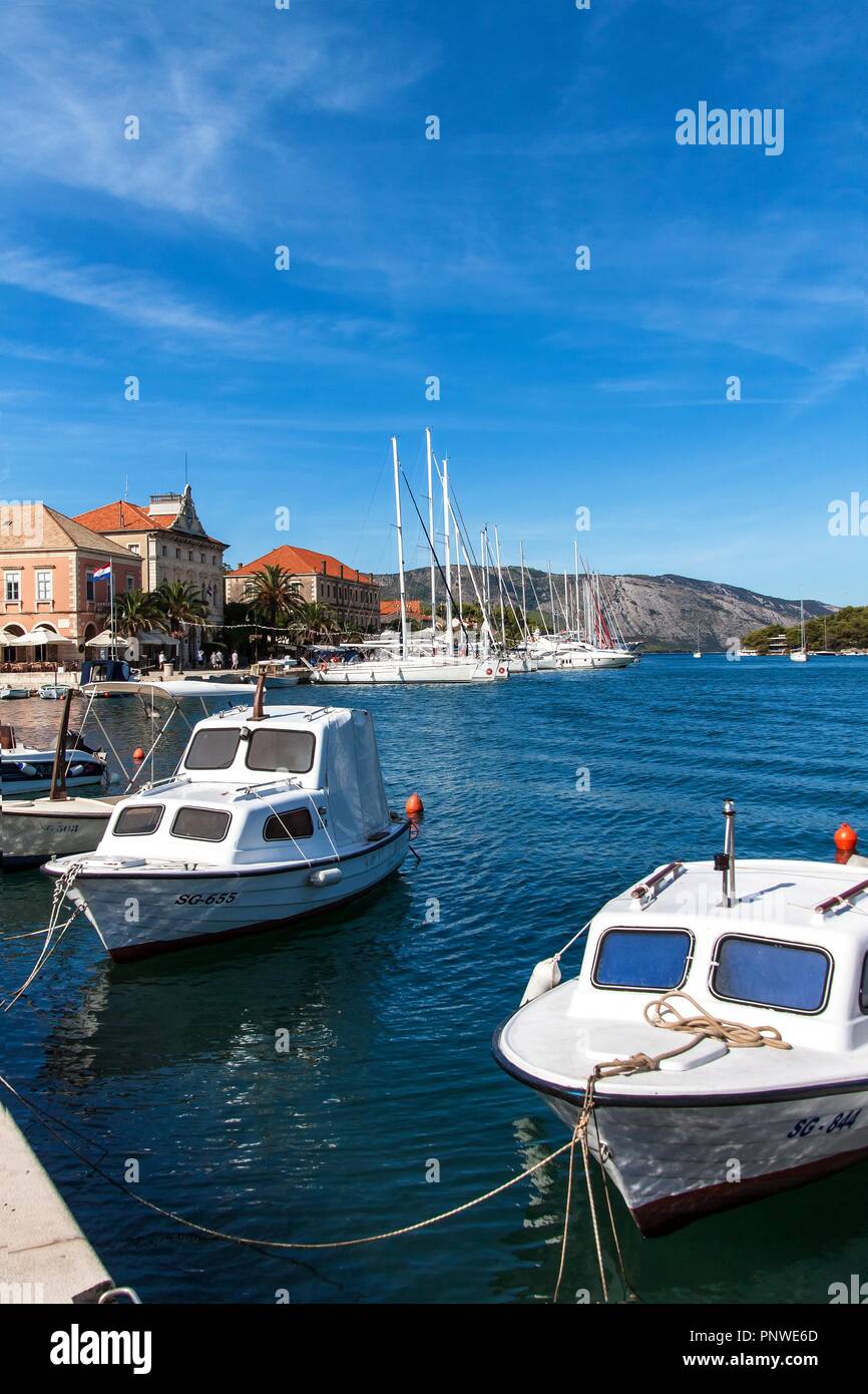 STARI GRAD, CROATIA, September 11, 2018: Boats in the port of Stari ...