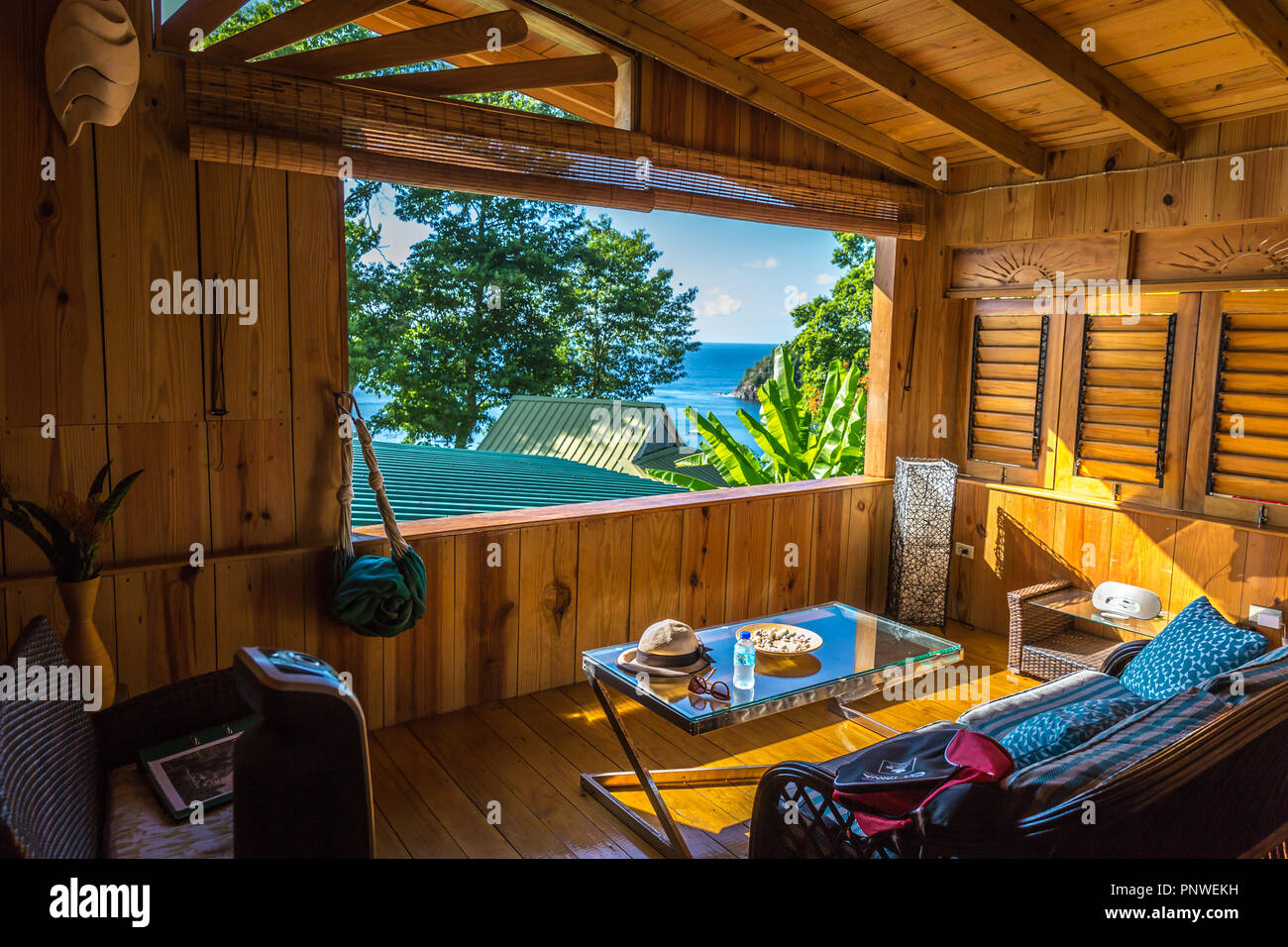 Amazing luxury hotel room in front of a tropical beach, wood design in ...