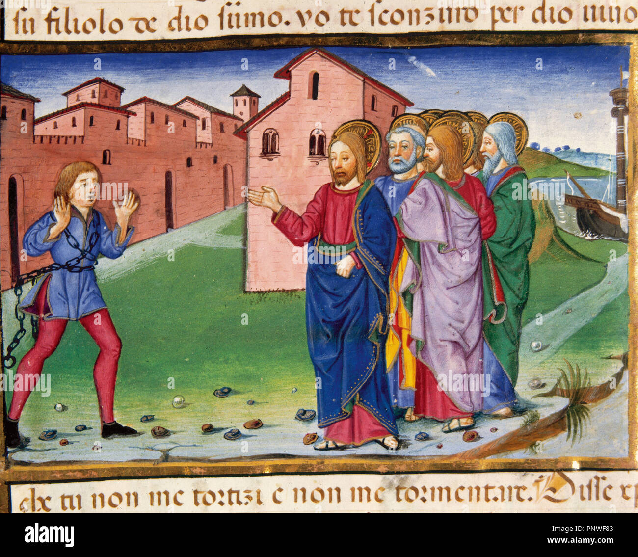 Jesus meets a man possessed by evil spirits. Codex of Predis (1476 ...