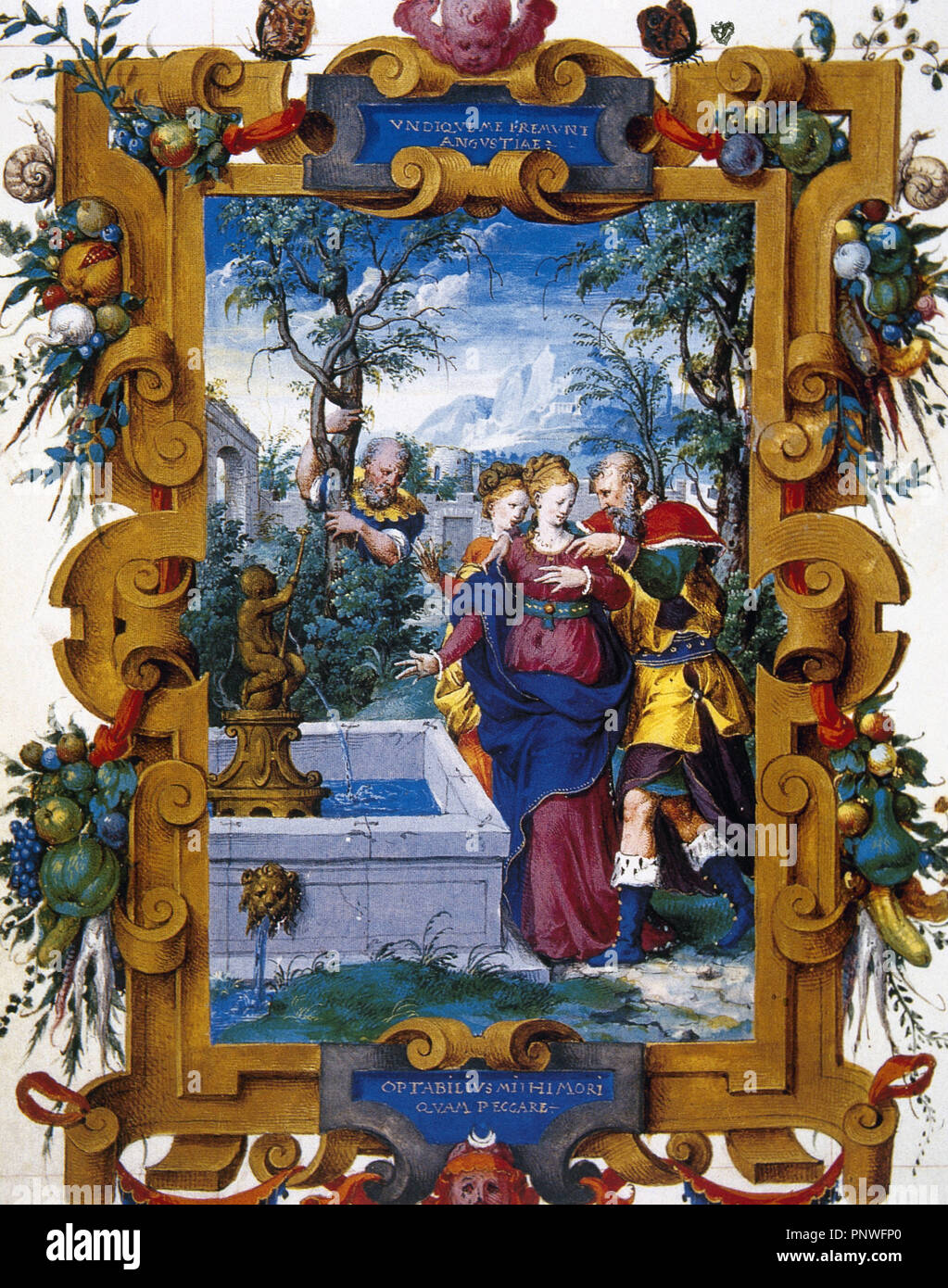 Old Testament. Susanna in the garden spied by The Elders. Miniature ...