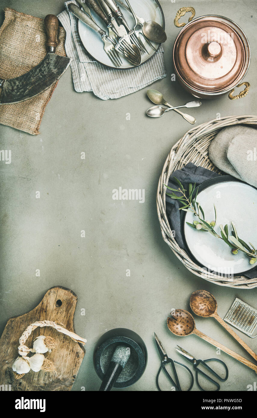 Food cooking minimalistic background over grey background, vertical ...