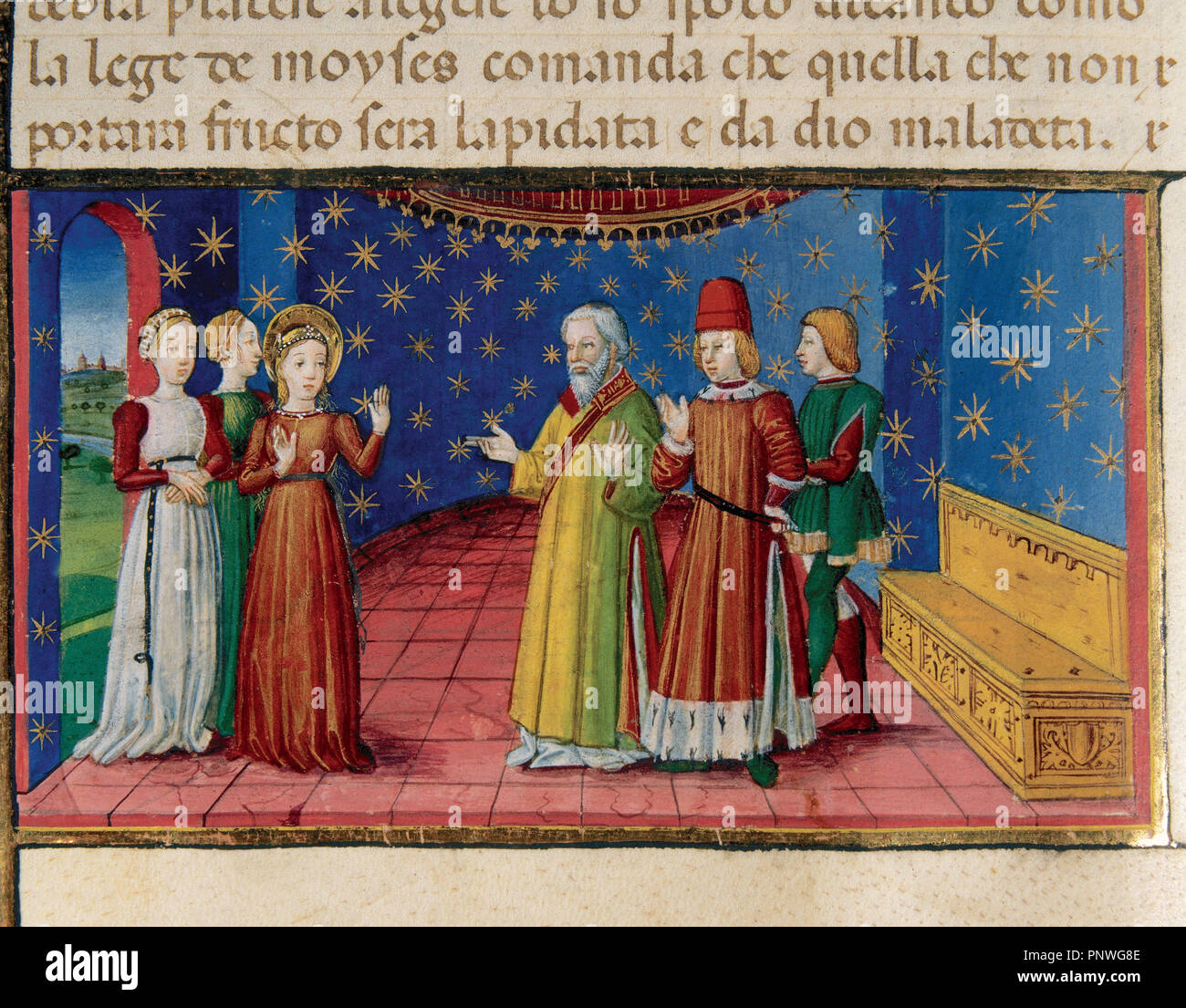 Priests are convincing Mary to marry. Codex of Predis (1476). Royal ...