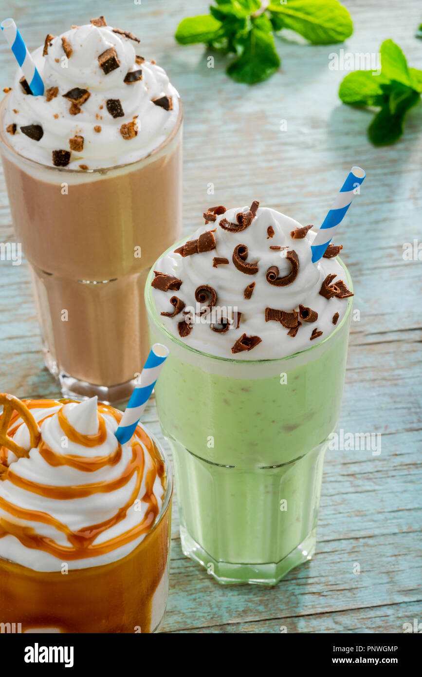 Tasty set of different milkshakes Stock Photo - Alamy