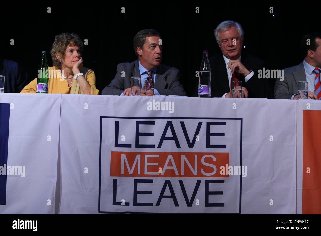 Kate Hoey MP, Nigel Farage and David Davis MP at a Leave Means Leave rally at the University of ...