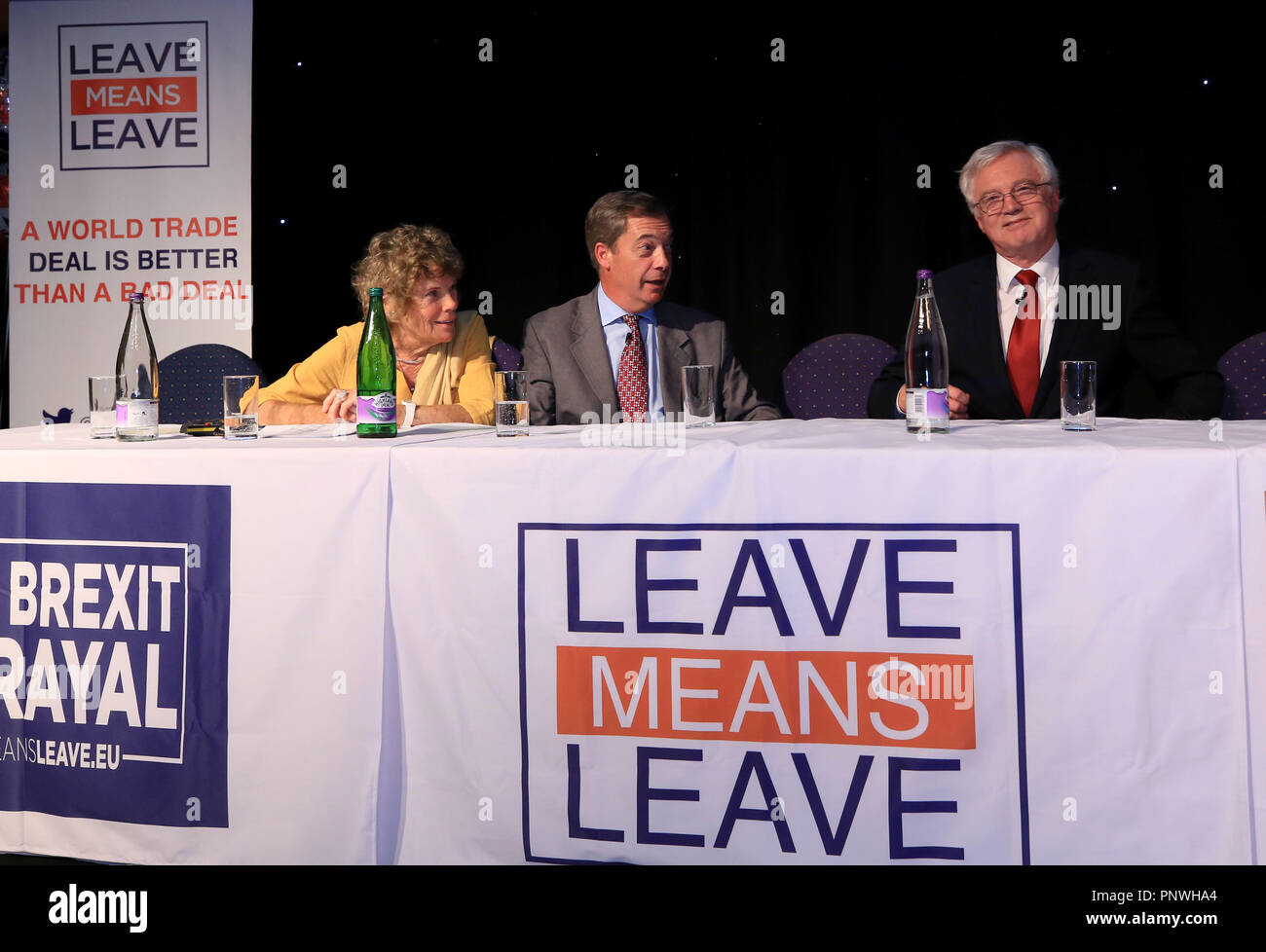 Kate Hoey MP, Nigel Farage and David Davis MP at a Leave Means Leave rally at the University of ...