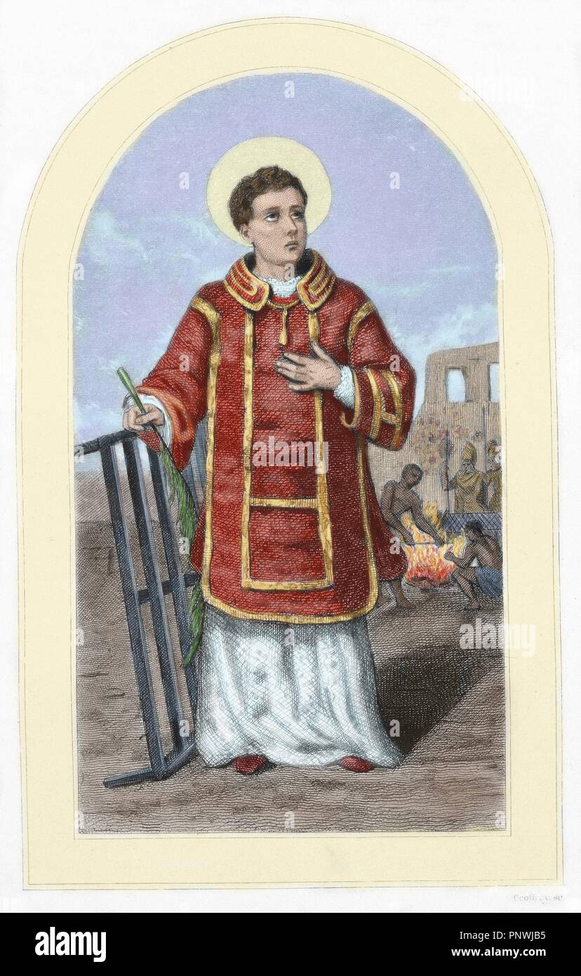 St. Lawrence of Rome (c. 225-258). Colored engraving. 19th century ...
