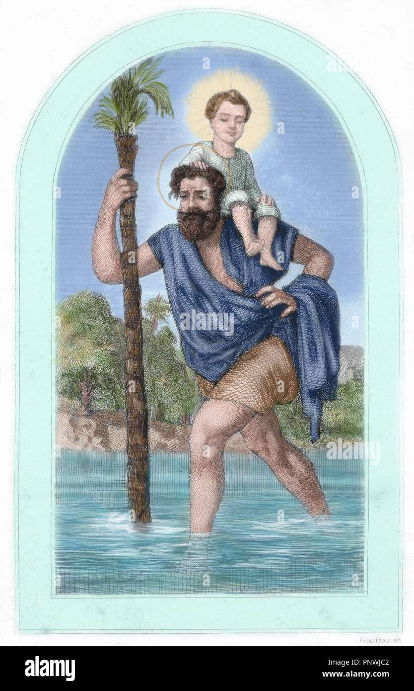 Saint Christopher Carrying the Christ Child. 3rd century. Colored ...