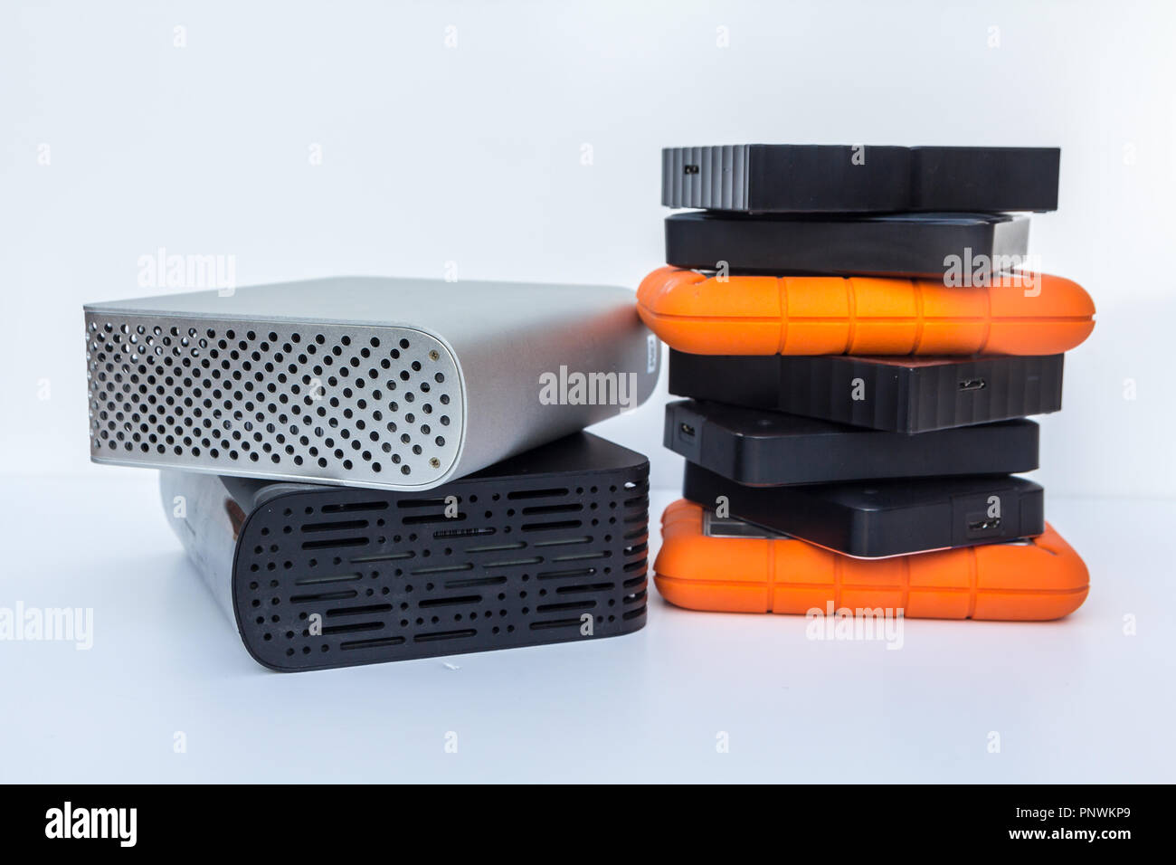 different kinds of external computer storage hard drives - isolated on ...