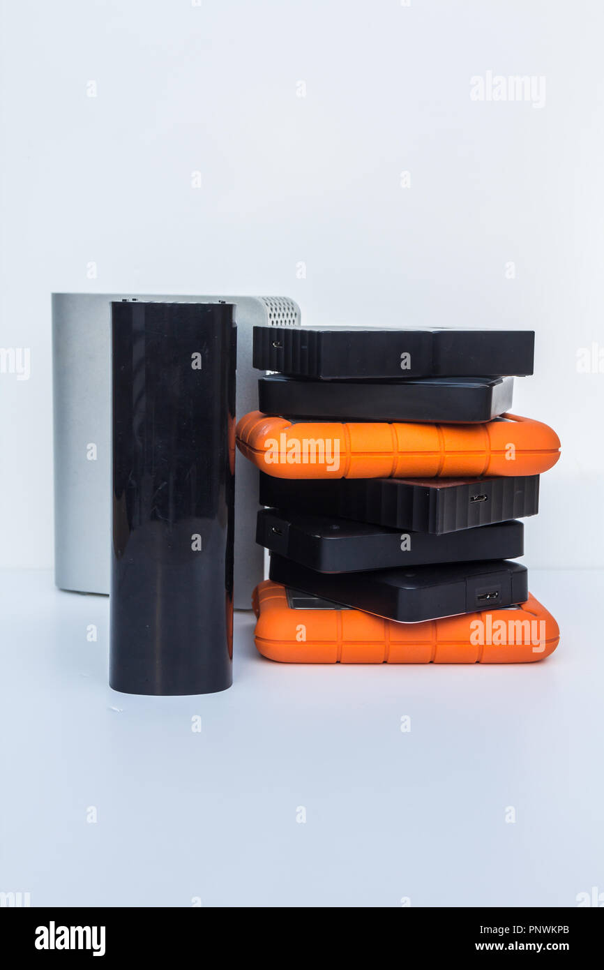 different kinds of external computer storage hard drives - isolated on ...