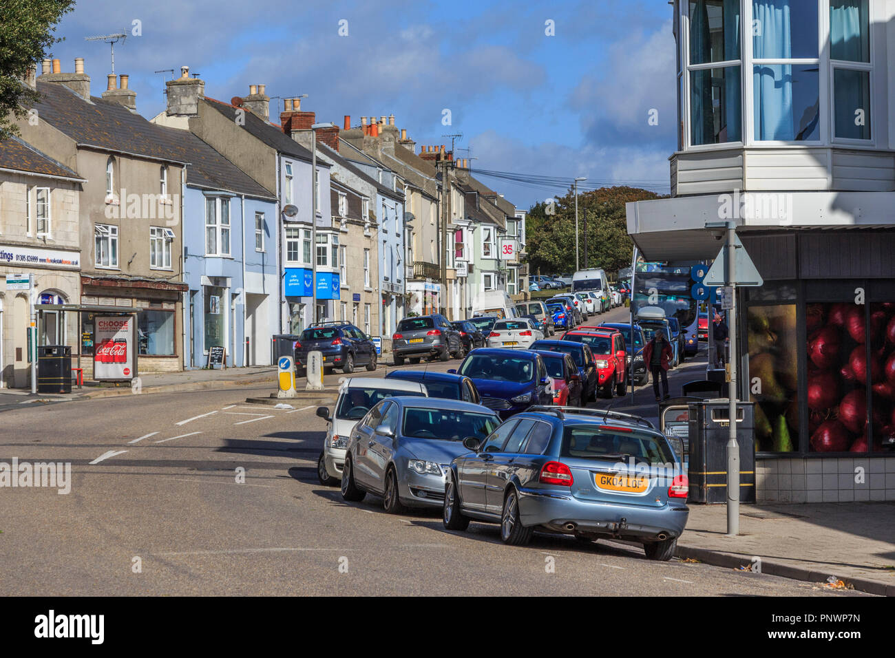 Isle of Portland village of easton high street, gardens, memorial clock ...