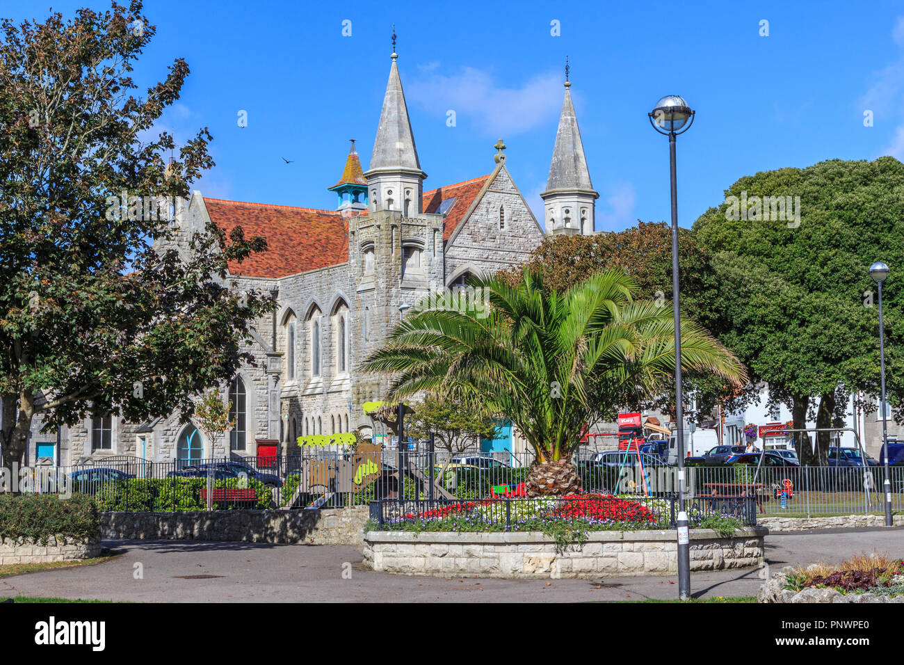 Isle of Portland village of easton high street, gardens, memorial clock ...