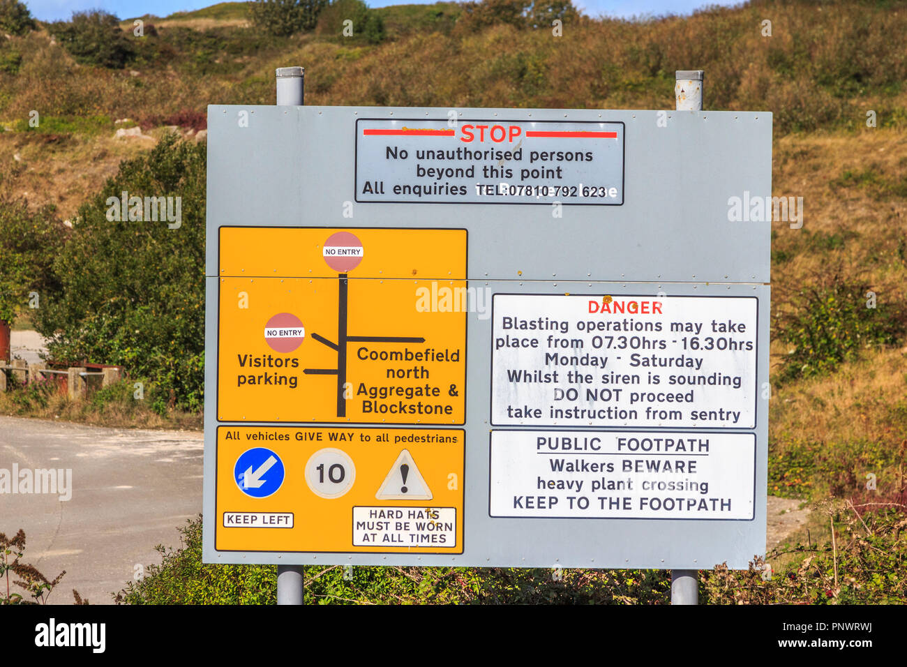 Isle of Portland stone quarry warning signs , near weymouth, Dorset ...