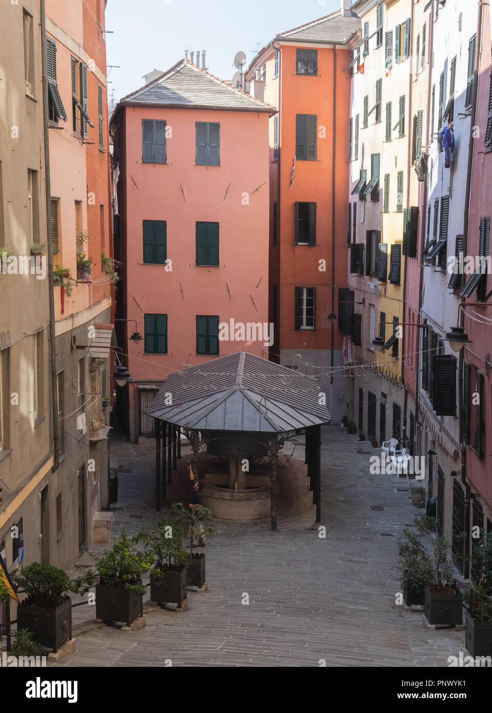 square in Genova with a washouse between the tall colored buildings ...