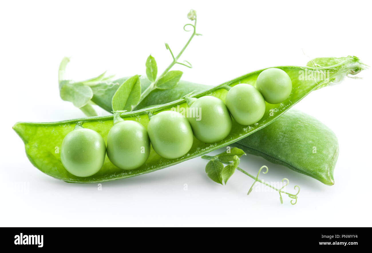 Open pea pod on a white background Stock Photo - Alamy