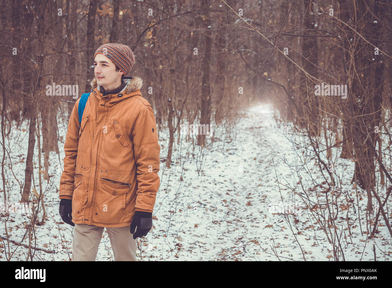 Man walking in winter woods Stock Photo - Alamy