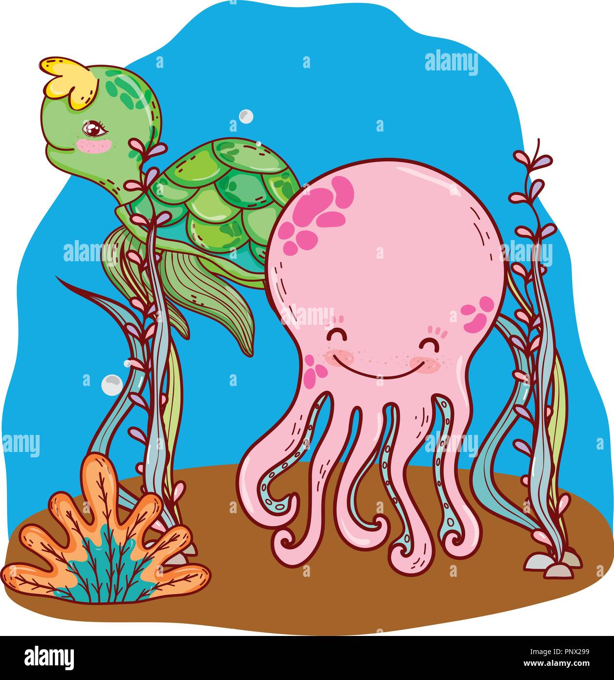 octopus and turtle animals with seaweed plants Stock Vector Image & Art ...