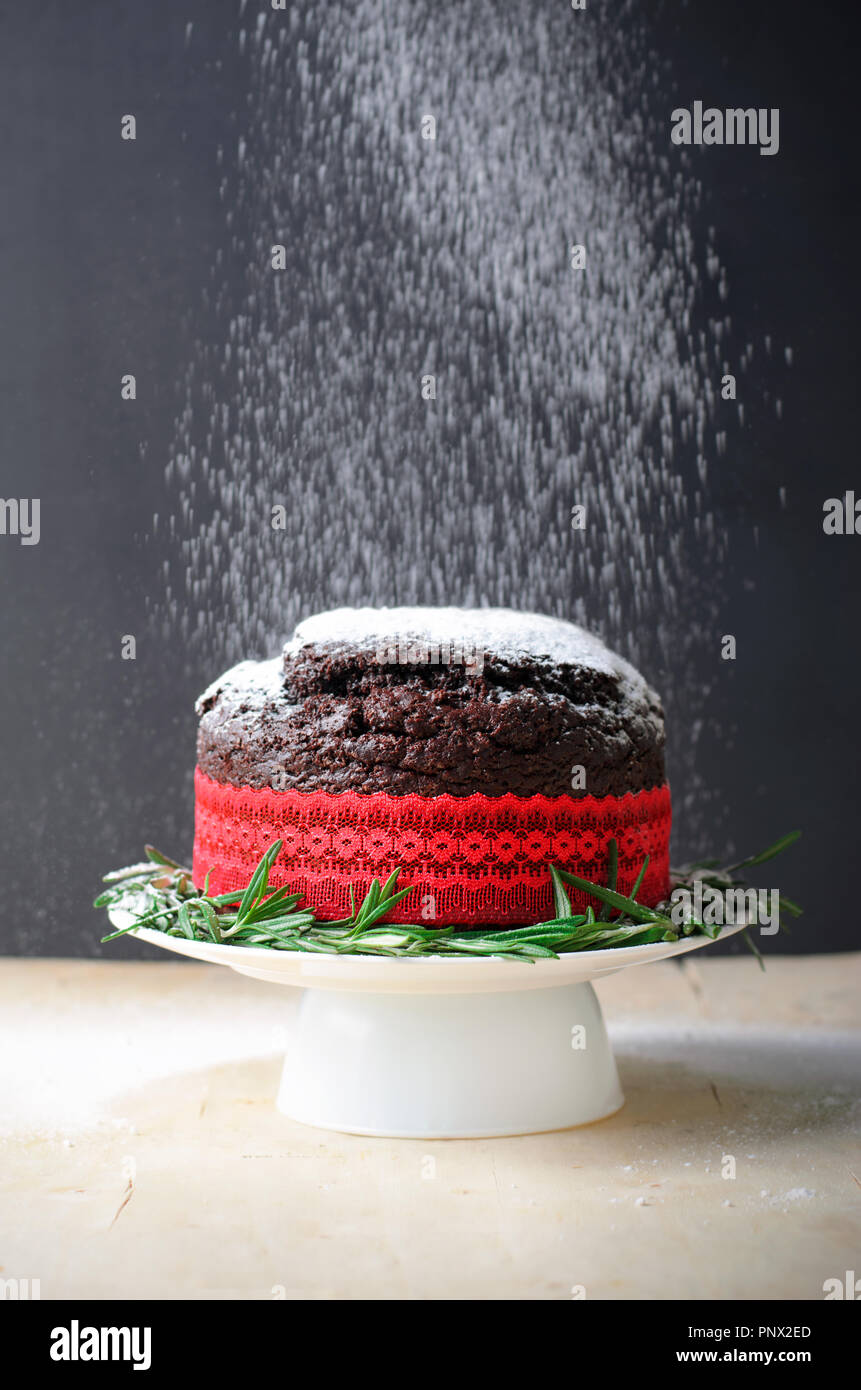 Christmas Cake with Falling Icing Sugar, Delicioius Homemade Pastry ...