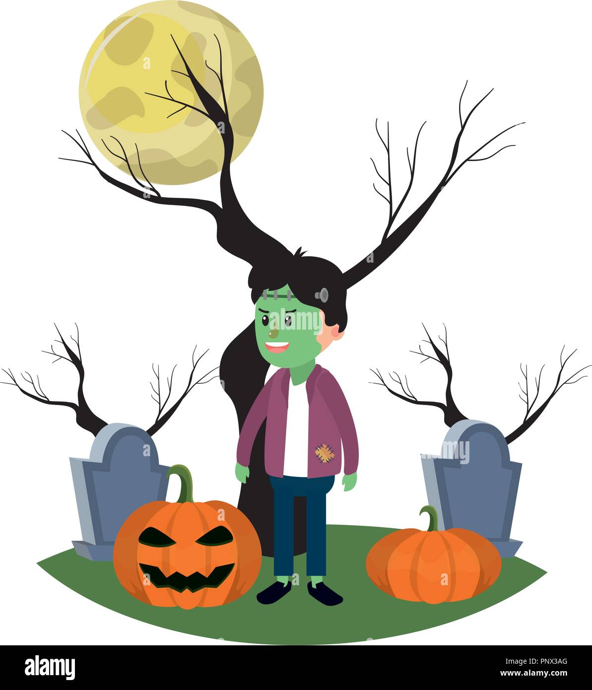 boy with frankenstein costume in the cemetery and full moon Stock ...